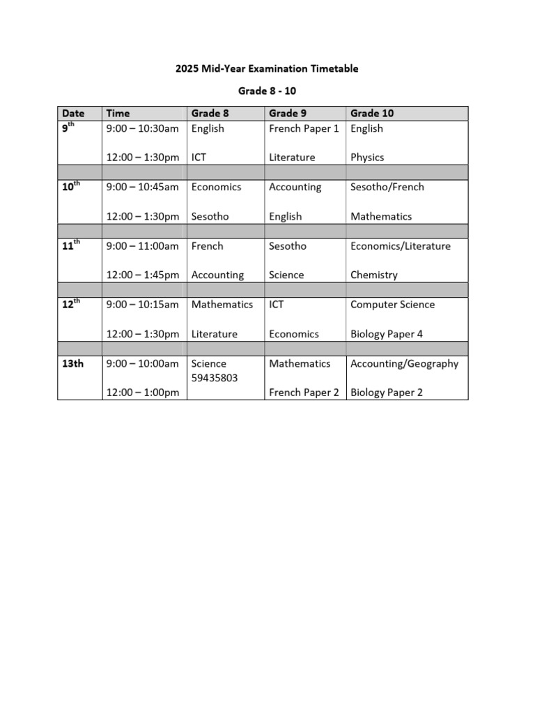 2025 Mid-Year Exam Timetable Grades 8-12 | PDF