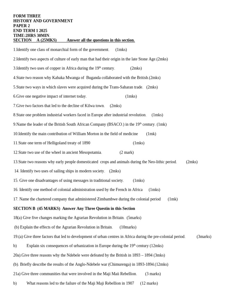 Form Three History & Government Exam 2025 | PDF | Africa