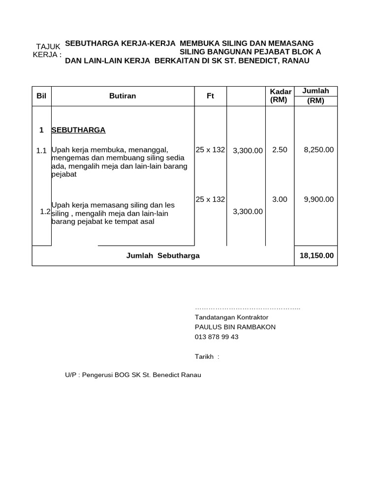 Sebutharga Pembaikan Siling St. Benedict | PDF
