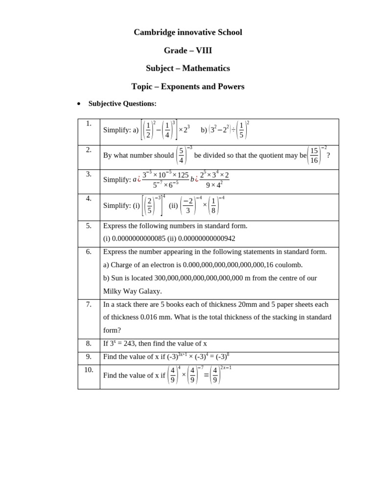 Grade Viii Exponents and Powers (Practice 2) | PDF | Astronomical Objects | Physical Sciences