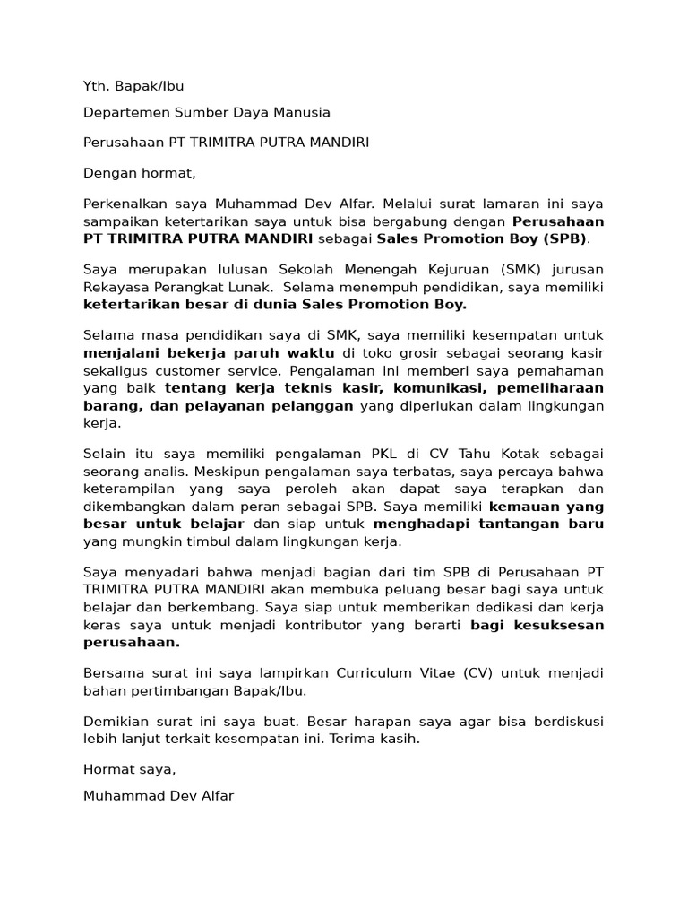 Surat Lamaran Dev | PDF