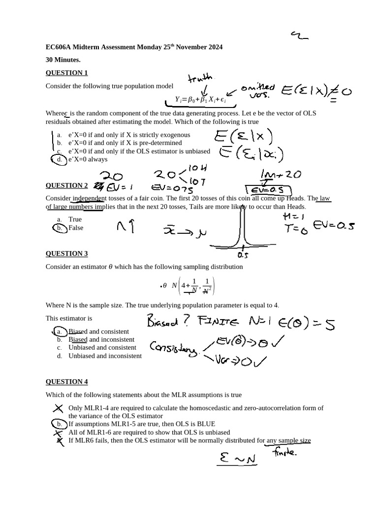 EC606A Midterm Assessment 2024 | PDF | Ordinary Least Squares | Estimator
