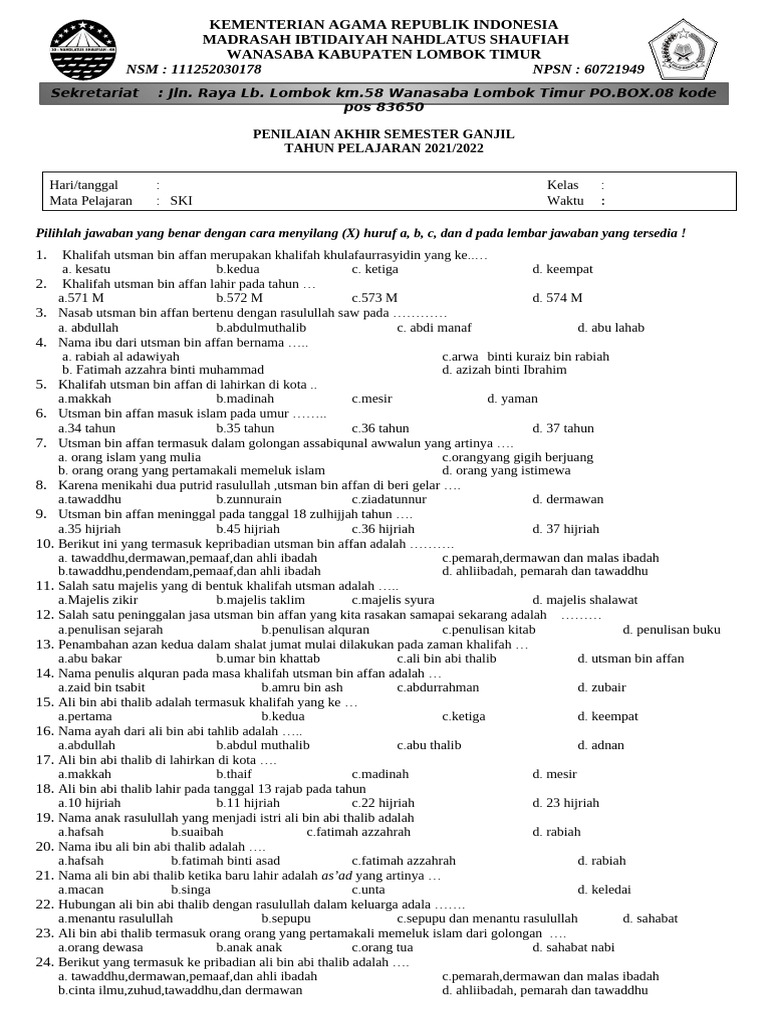 Soal Pas Ski Kls 6 2021 | PDF