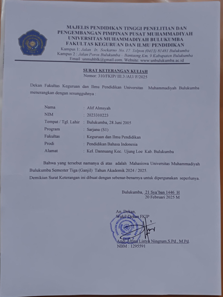 Surat Keterangan Aktif Kuliah Alif | PDF