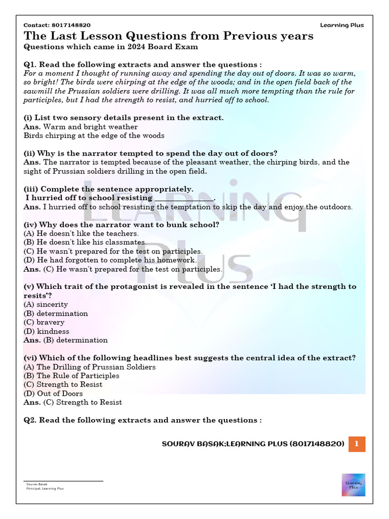 The Last Lesson Questions From Previous Years | PDF