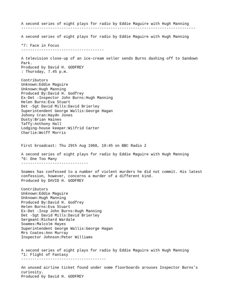 A Second Series of Eight Plays For Radio by Eddie Maguire With Hugh ...