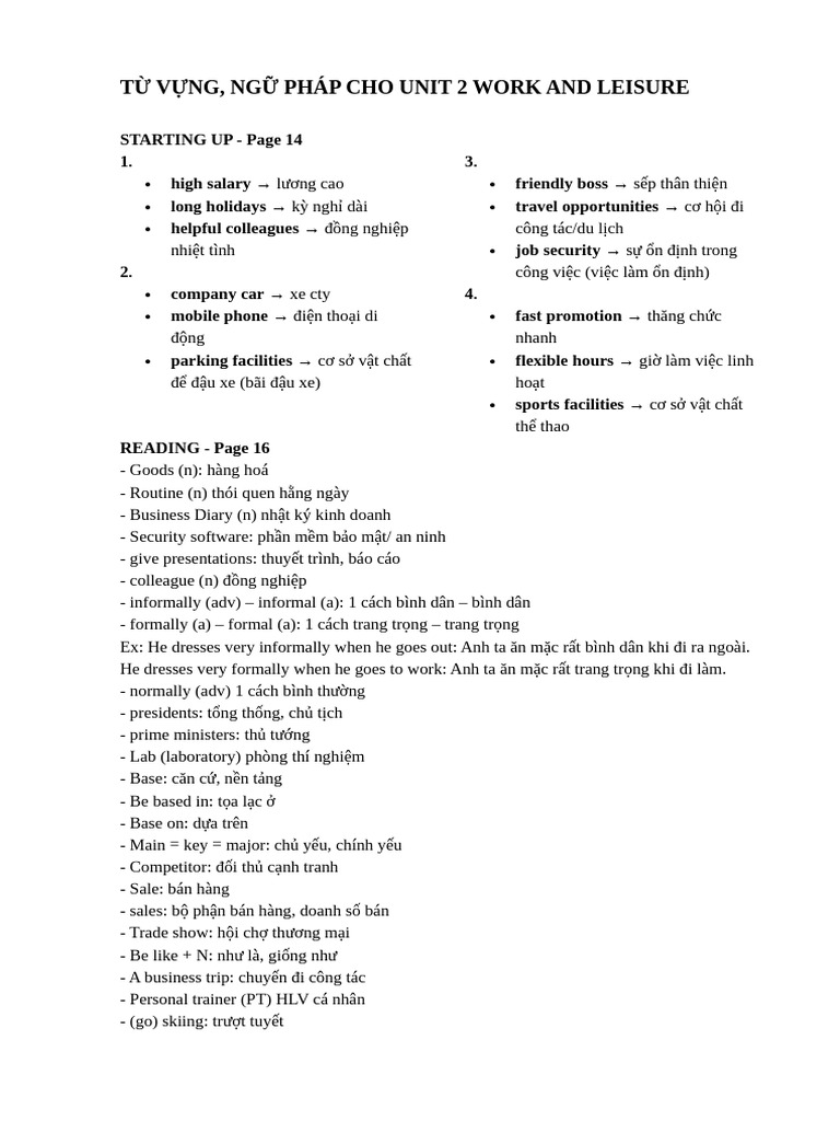 Tu Vung Unit 2 Work and Leisure | PDF