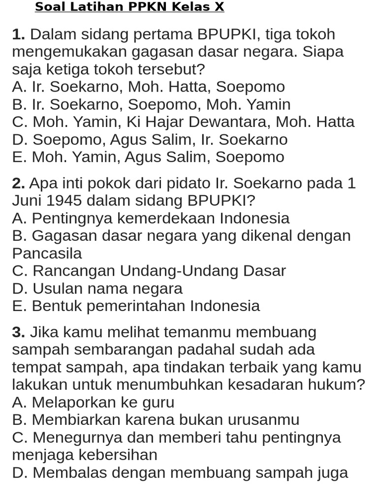 Soal Latihan PPKN Kelas X | PDF