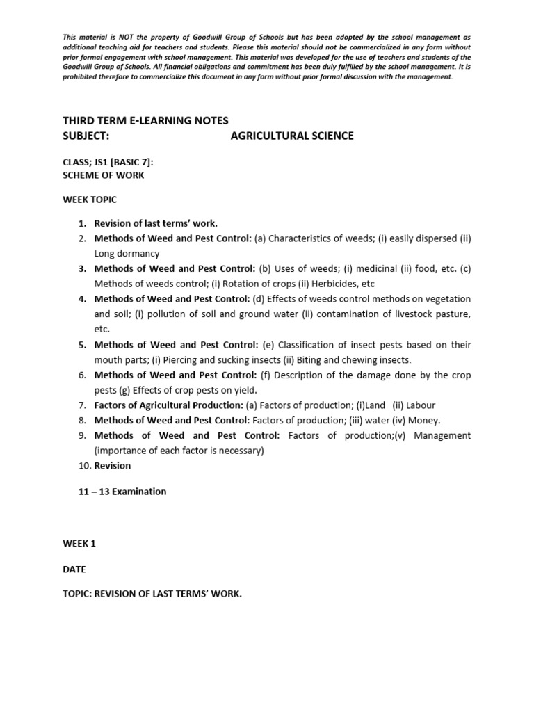 Third Term Jss1 Agricultural Science | PDF | Pest (Organism) | Weed
