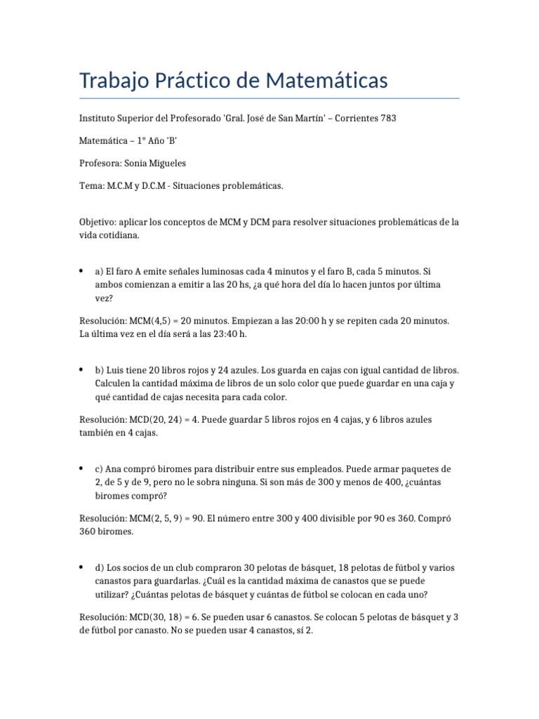 Trabajo Practico Matematica MCM DCM | PDF