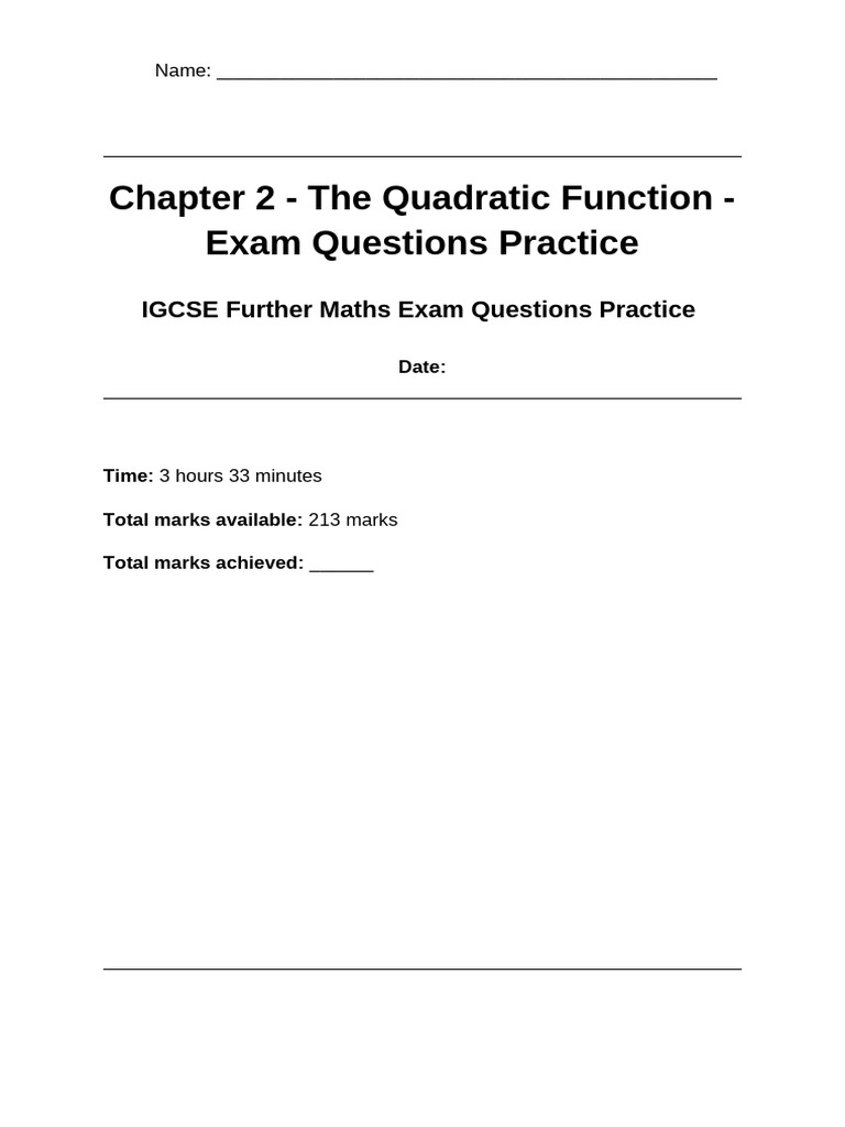 IGCSE Quadratic Function Exam Practice | PDF | Equations | Quadratic ...