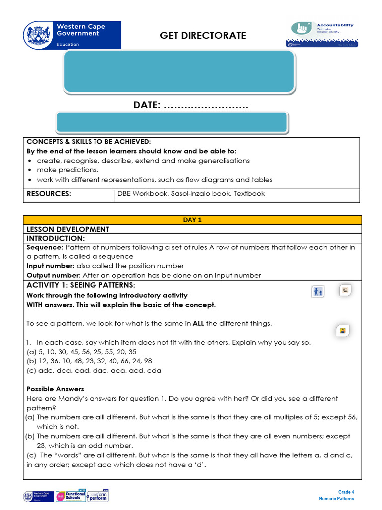 Lesson Plan Gr. 4 Mathematics Term 2 Week 7,8 Numeric Patterns | PDF | Multiplication | Numbers
