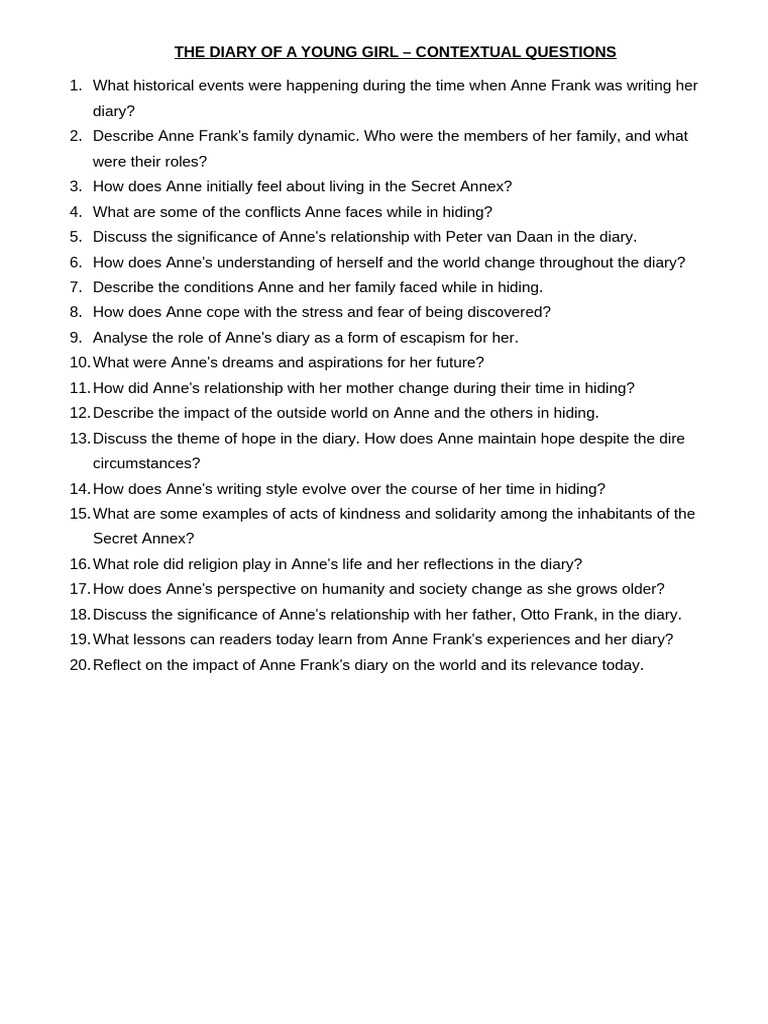 The Diary of A Young Girl Contextual W Answers | PDF | Anne Frank ...