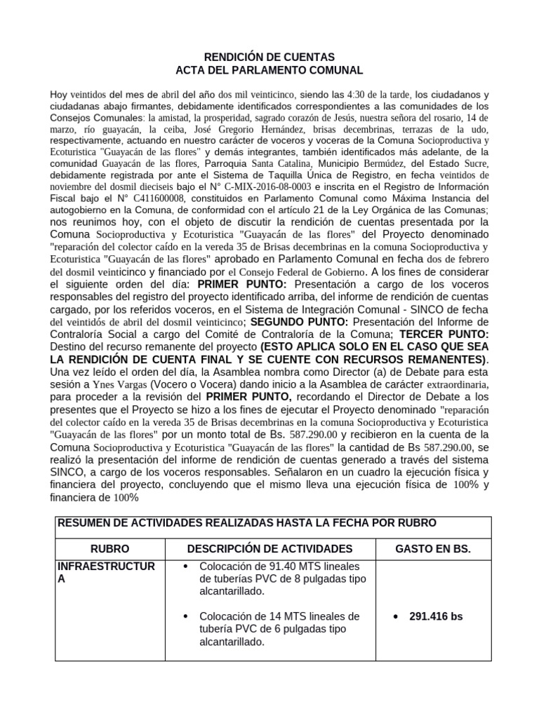 FORMATO N°2 Acta Asamblea Rendicion Comuna | PDF | Gobierno