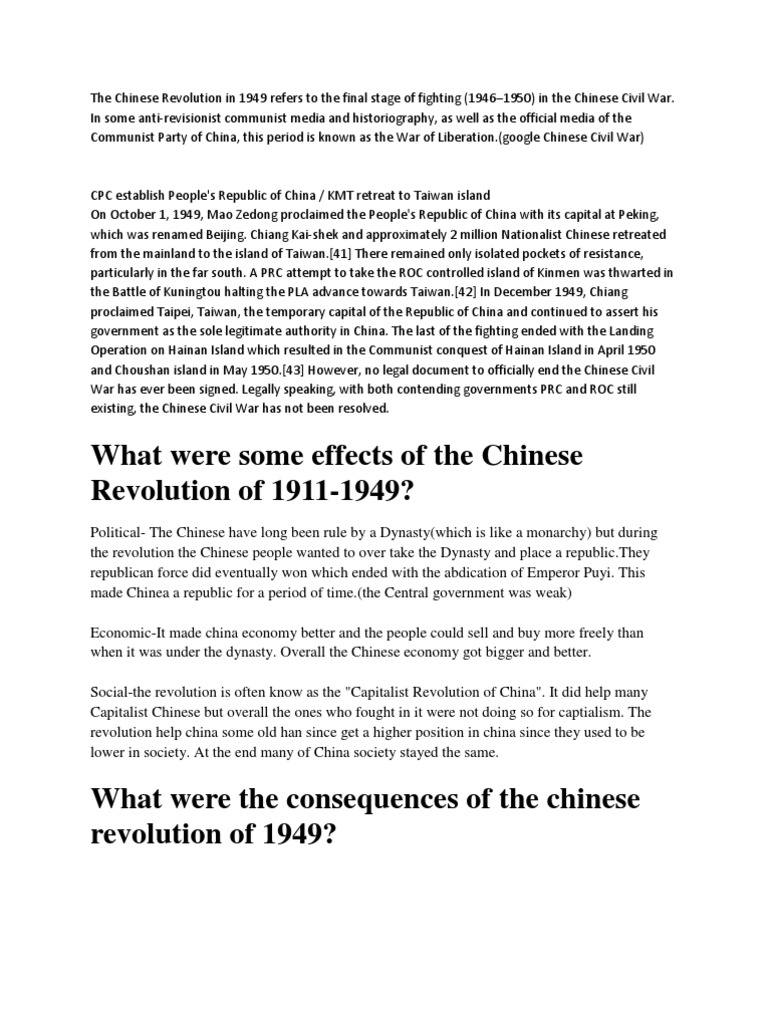 The Chinese Revolution in 1949 Refers To The Final Stage of Fighting ...