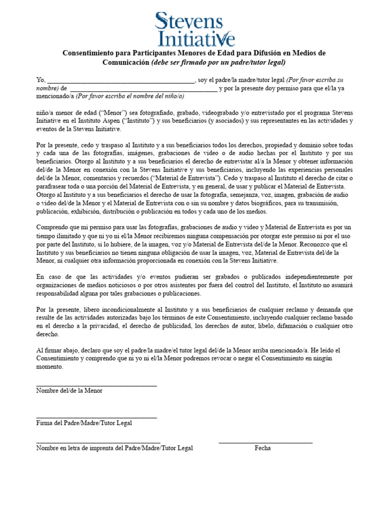 Minor Media Release Waiver Form (Spanish) | PDF
