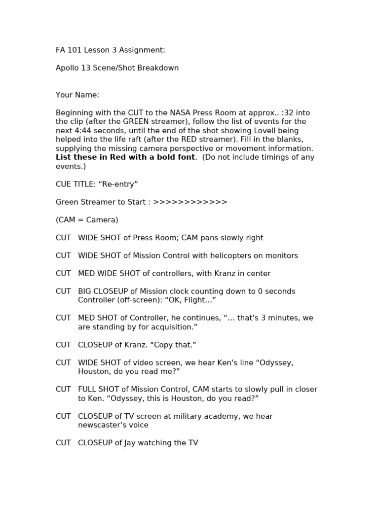 Apollo 13 Scene Breakdown Assignment | PDF | Human Spaceflight Programs ...