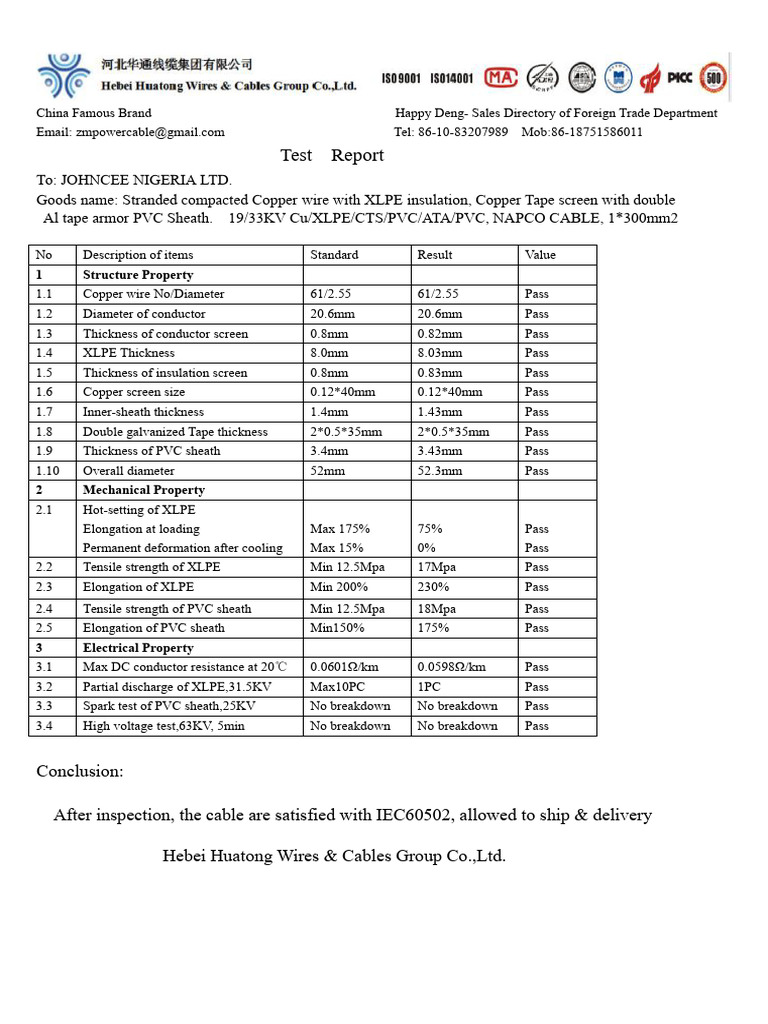 IEC60502 Compliance Test Report for Cable | PDF | Insulator ...