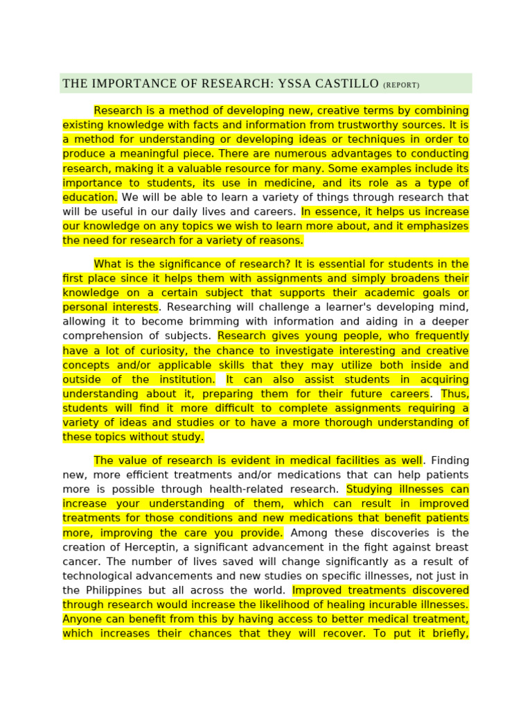 The Importance of Research - Yssa Castillo | PDF | Knowledge | Cognition
