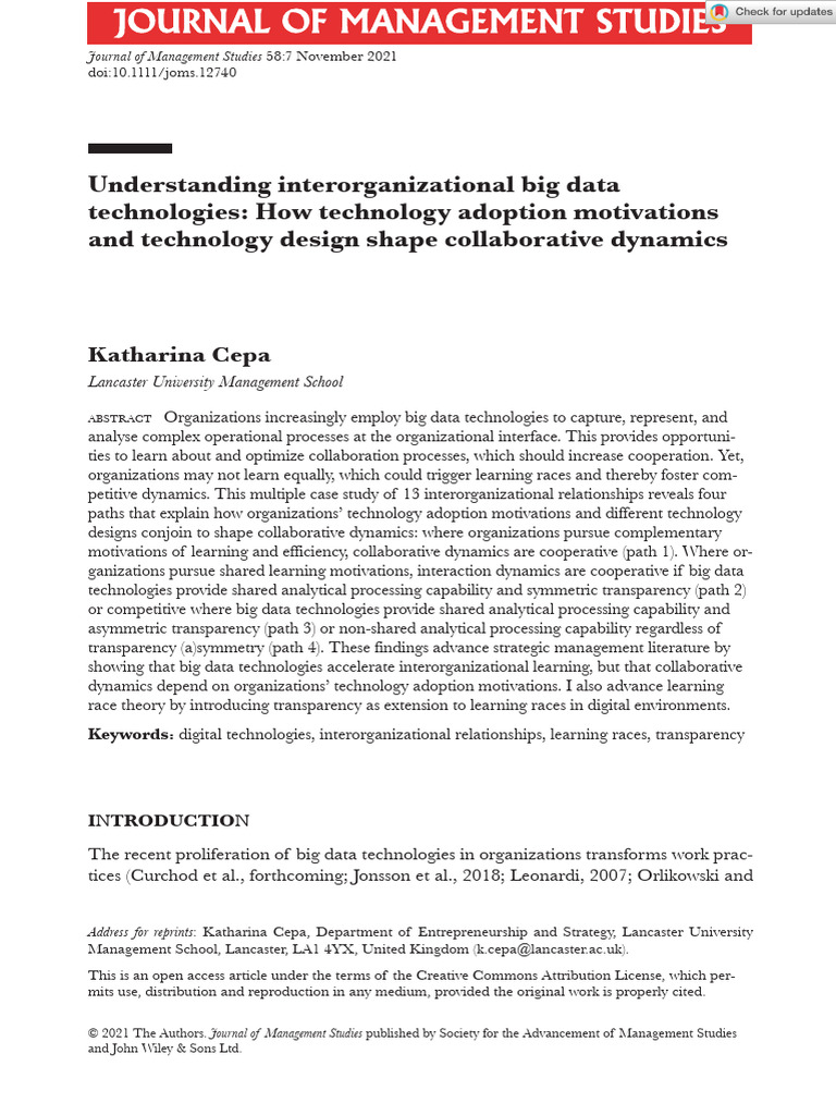 J Management Studies - 2021 - Cepa - Understanding Interorganizational Big Data Technologies How ...
