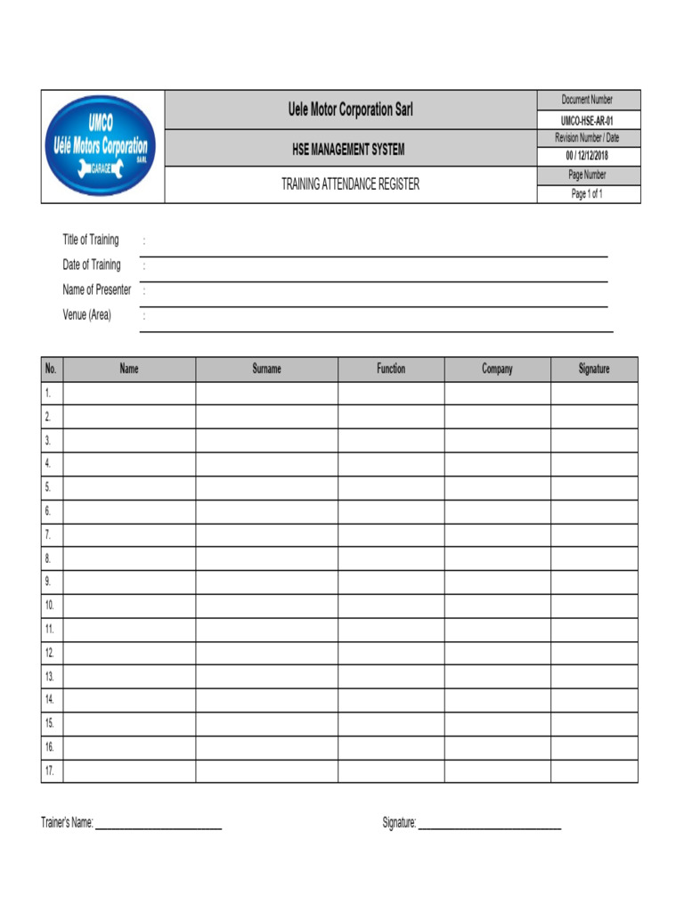 UMCO Training Attendance Register | PDF