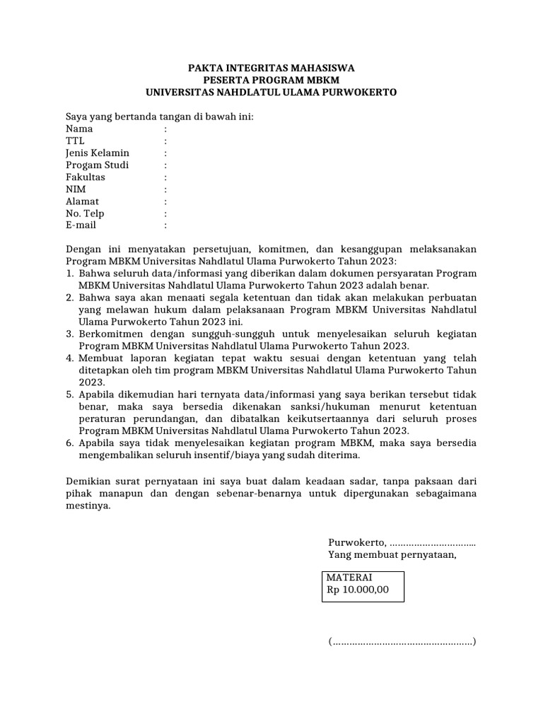 Pakta Integritas Mahasiswa MBKM 2023 | PDF