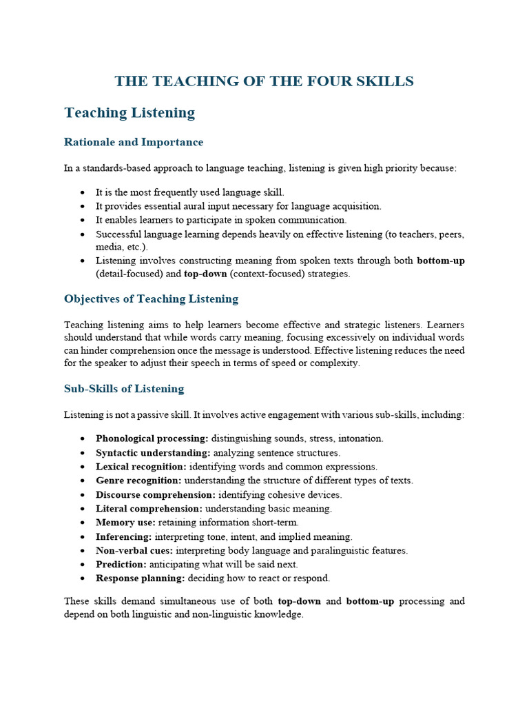 The Teaching of The Four Skills | PDF | Reading Comprehension | Learning