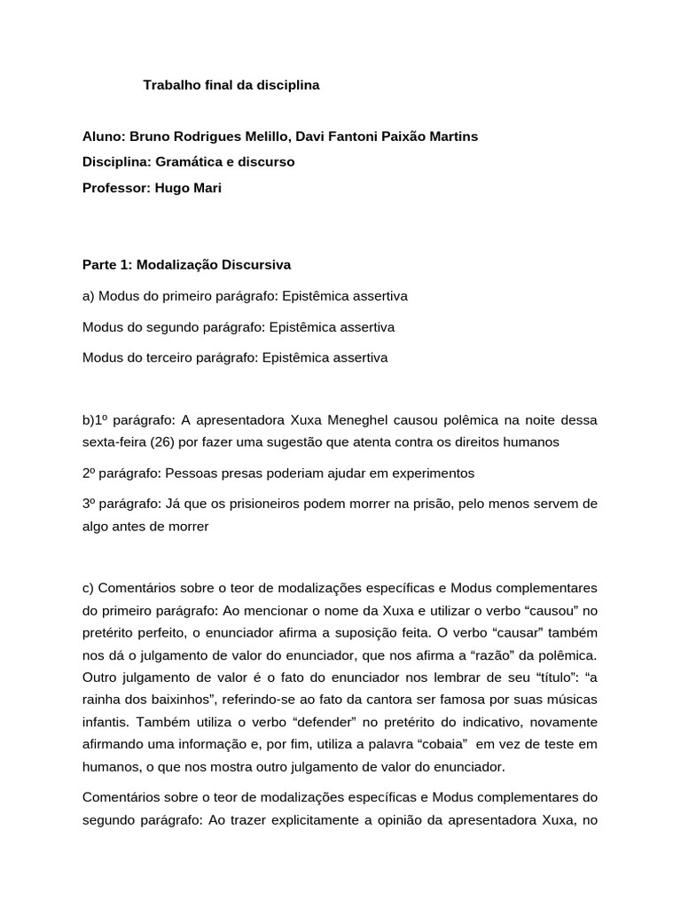 Trabalho Final Da Disciplina Gramática e Discurso | PDF | Argumento | Autor