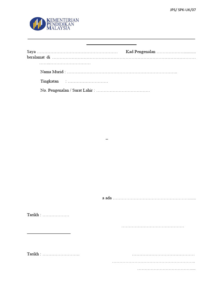 Surat Kebenaran Waris Kursus Pemantapan Kepimpinan Pengawas Ketua Ting ...