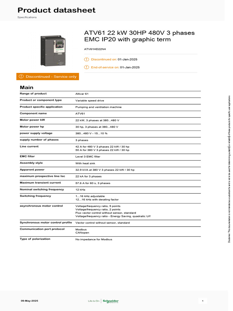 ATV61 22kW Variable Speed Drive Info | PDF | Power Supply | Electric Motor