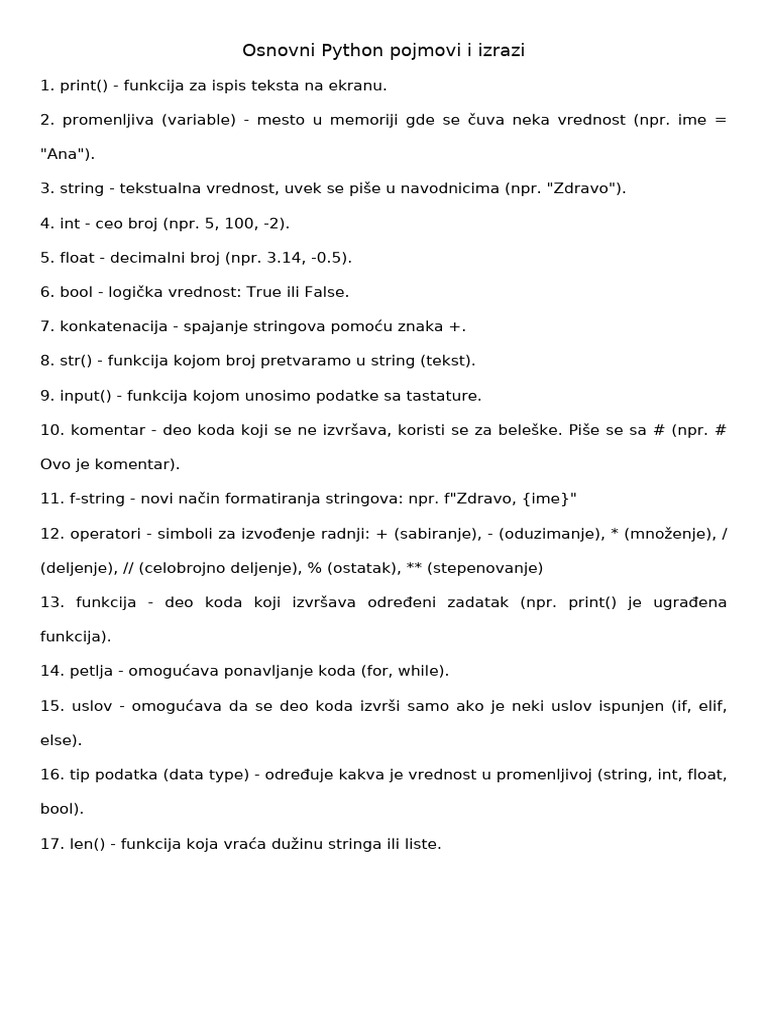 Python Pojmovi I Objasnjenja | PDF