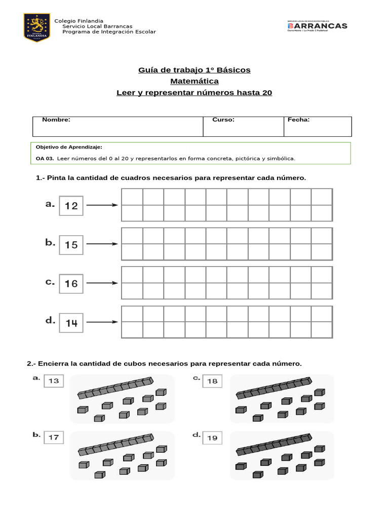Guia Matematicas Primero Basico Numeros Hasta El 20 | PDF
