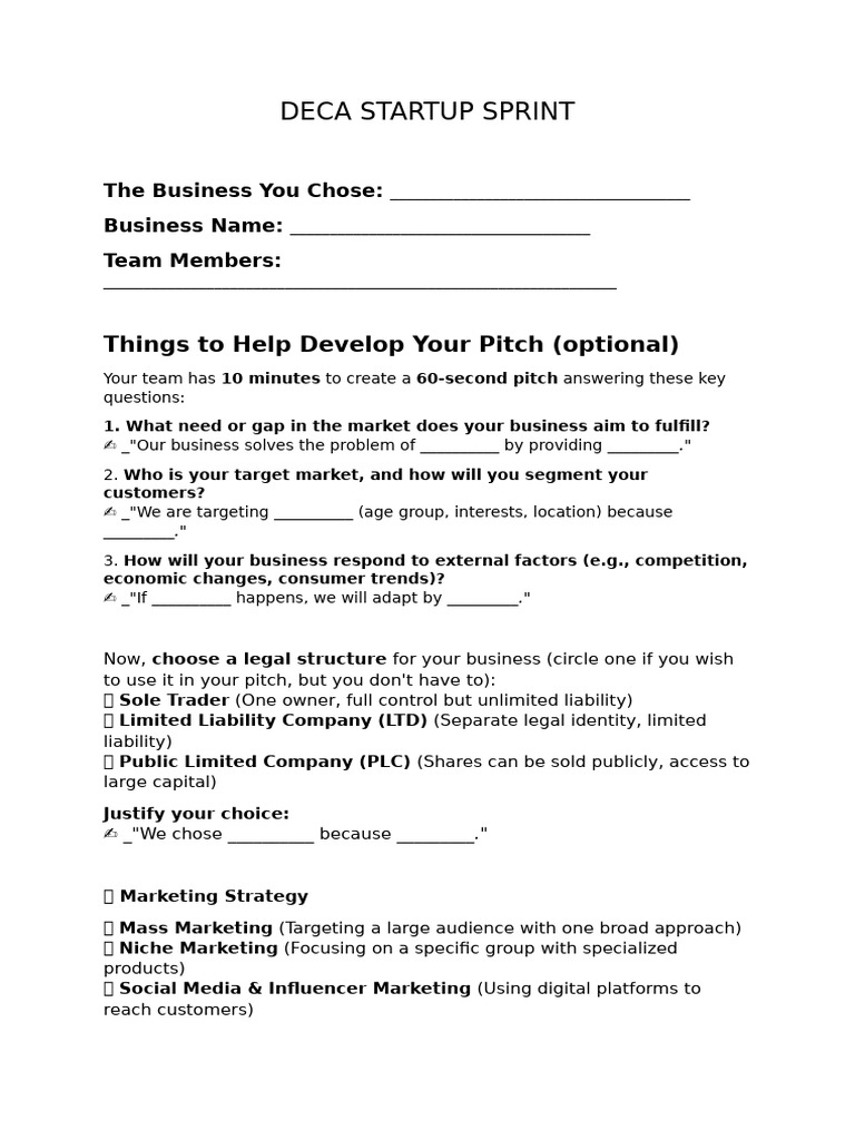 DECA STARTUP SPRINT - Worksheet | PDF | Marketing | Startup Company