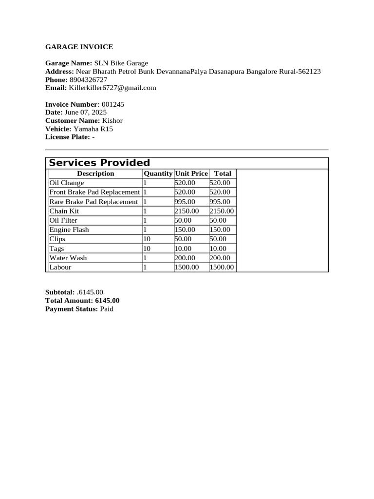 SLN Bike Garage Invoice for Yamaha R15 | PDF