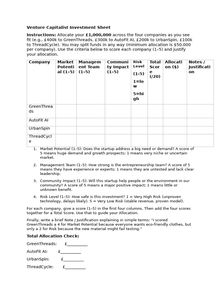 Venture Capitalist Investment Sheet | PDF