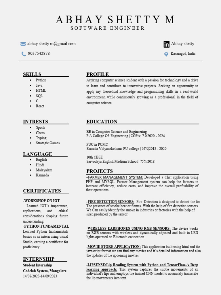 Resume Abhay Shetty M | PDF | Internet Of Things | Computing