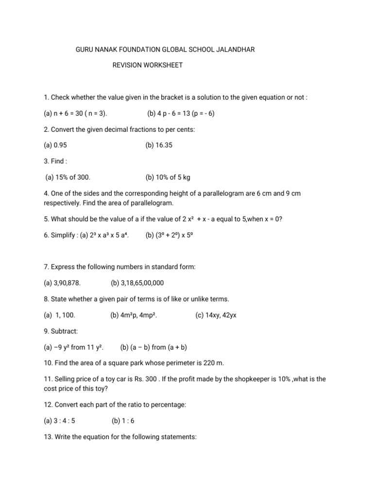 g7 Revision Worksheet | PDF
