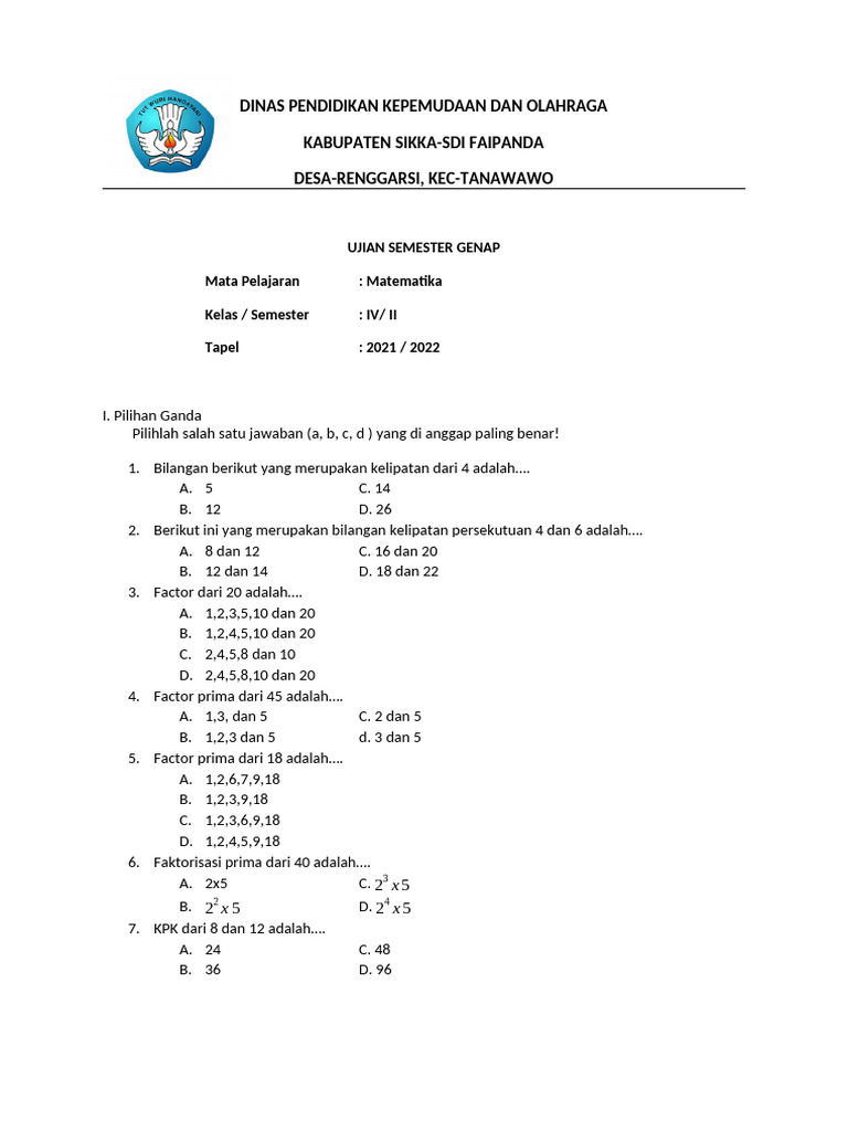 Soal Matematika Kls 4. Ujian Akhir Semester II 2022 | PDF