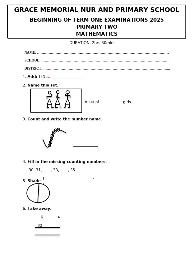 Primary Two Mathematics Exam 2025 | PDF