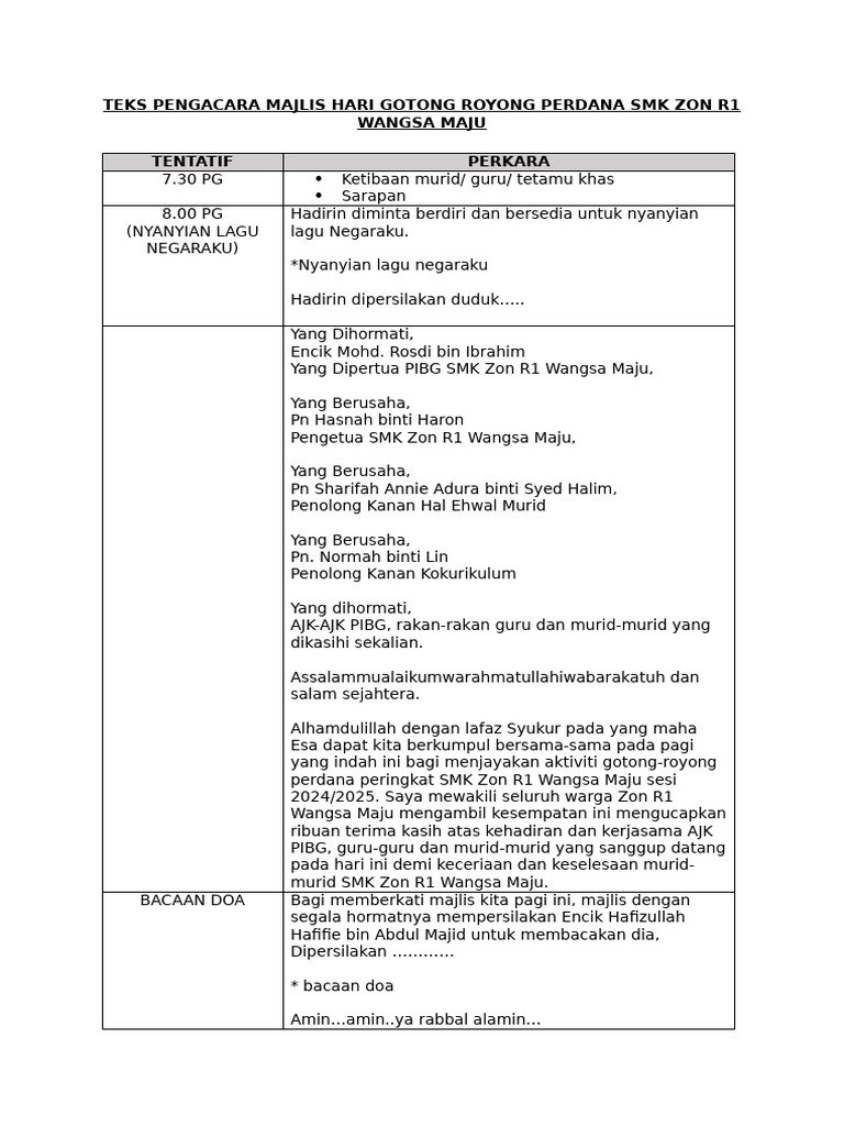 Teks Pengacara Majlis Hari Gotong Royong Perdana SMK Zon r1 Wangsa Maju | PDF
