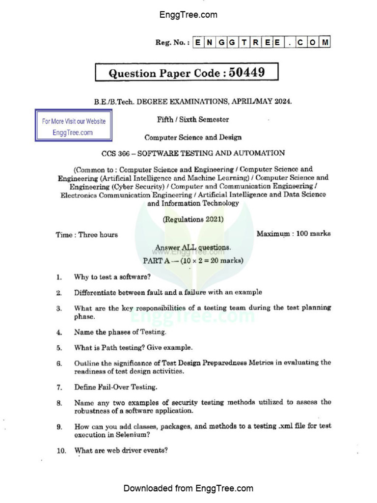 CCS366 Software Testing and Automation Apr May 2024 Question Paper | PDF