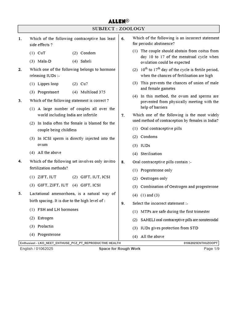 01062025enthuzoopt - Lko Neet Enthuse PCZ PT Reproductive Health | PDF | Birth Control | In ...