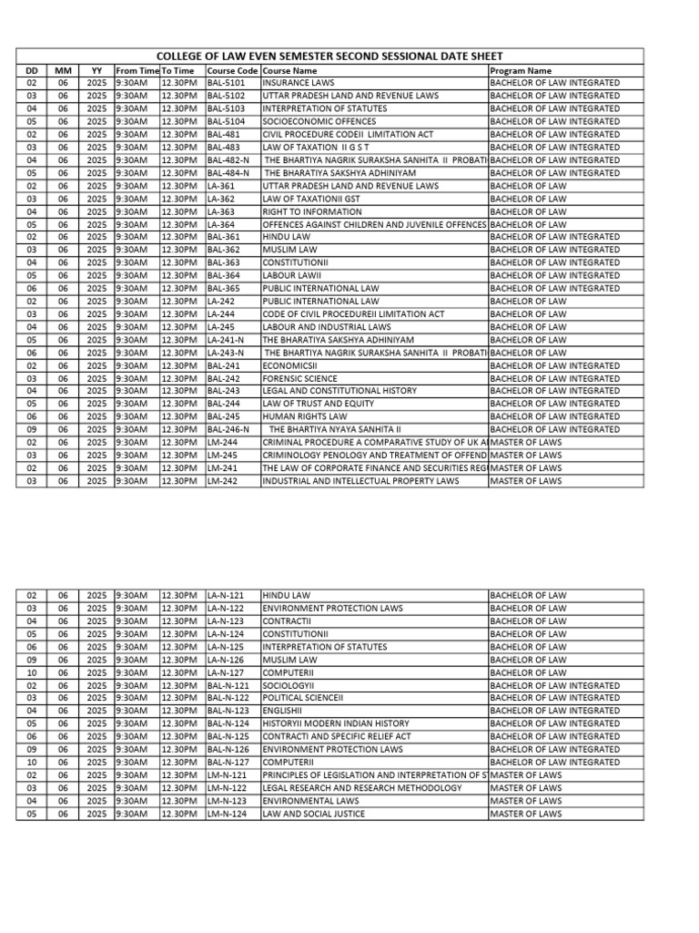 Seccond Sessional Date Sheet | PDF | Crimes | Crime & Violence