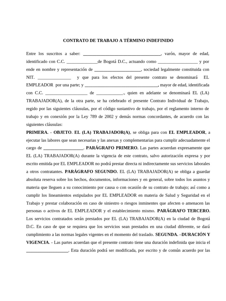 Contrato de Trabajo A Termino Indefinido Modelo | PDF | Salario | Propiedad