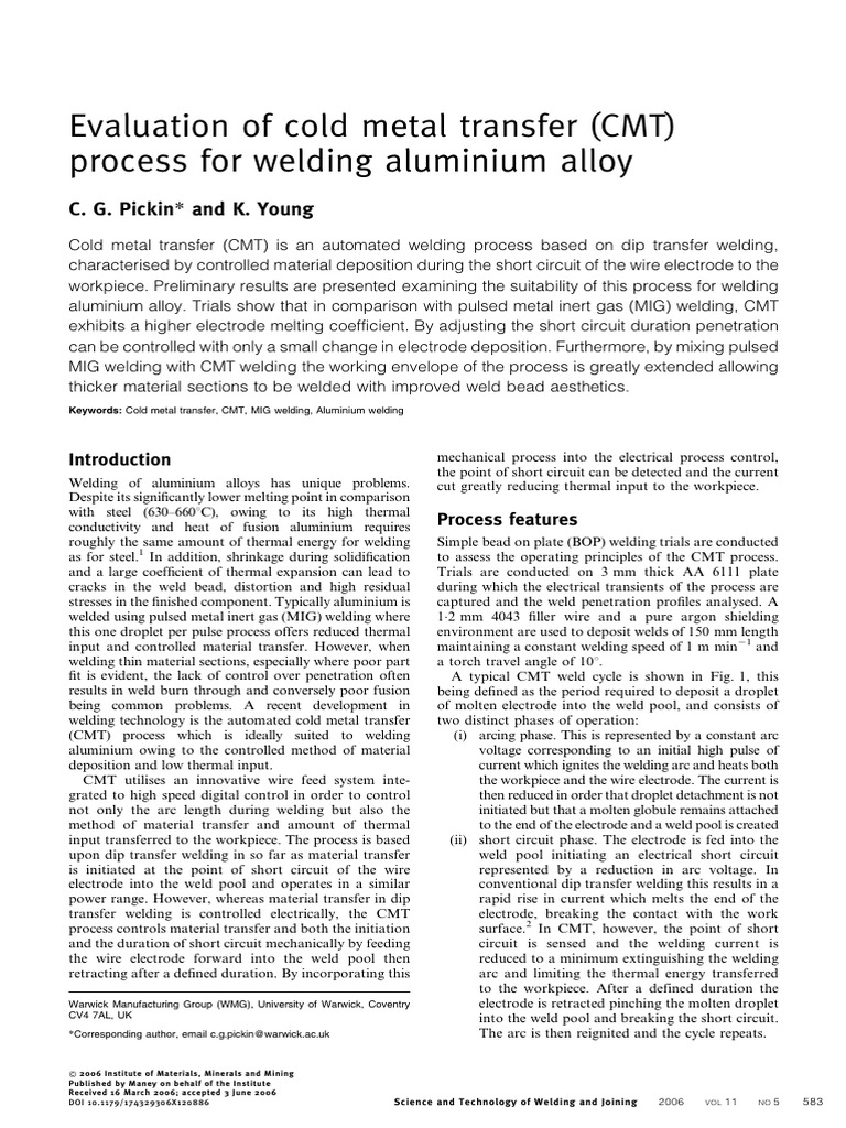CMT Welding Process for Aluminium Alloys | PDF | Welding | Construction