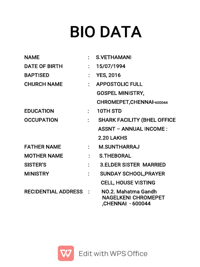 BIO DATA Vetha Mani | PDF