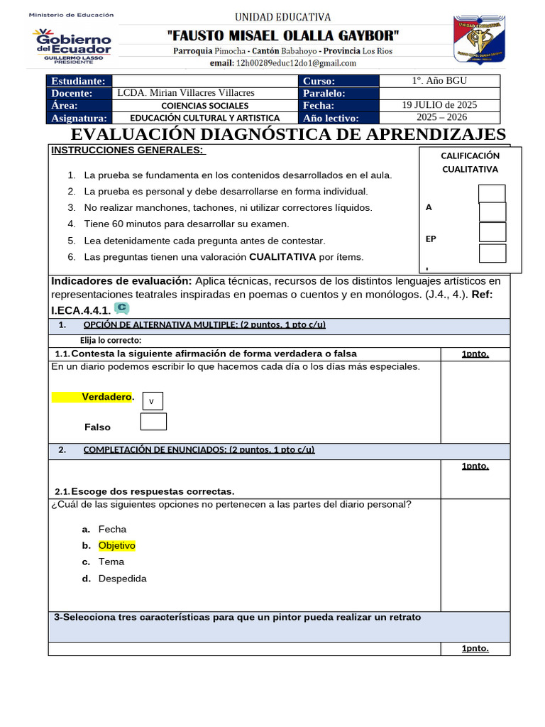 EVALUACIÓN DIAGNÓSTICA DE APRENDIZAJESPARA 1ERO BACHILLERATO - Docxcultura Artistica - Docx ...