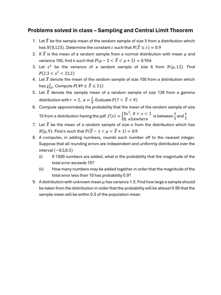 Problems Solved in Class - Sampling and Central Limit Theorem | PDF