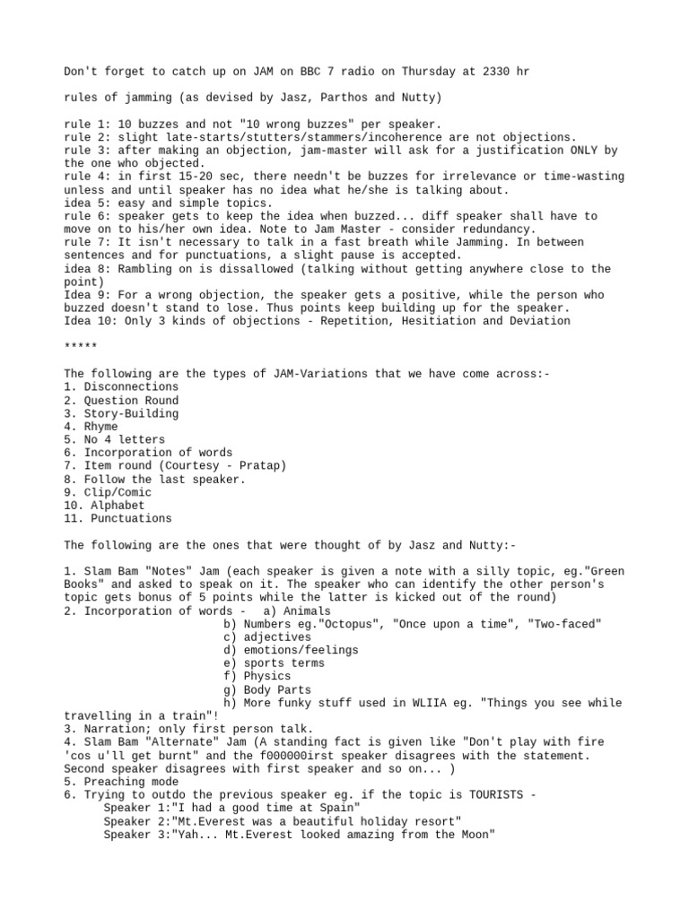 JAM Rules and Variations for BBC 7 | PDF