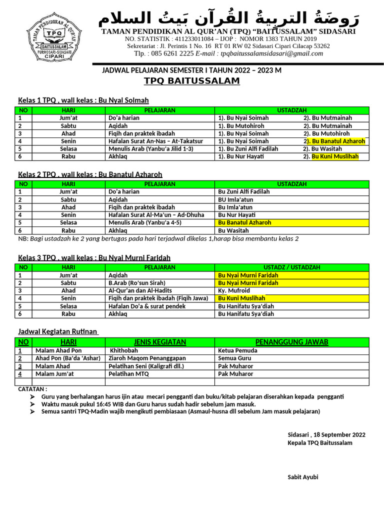 Jadwal Pelajaran TPQ 2022-2023 | PDF
